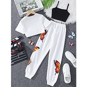 SOLY HUX Girl's Butterfly Print Cami Tops & High Low Hem Short Sleeve T Shirt with Sweatpants 3 Piece White Butterfly 10Y
