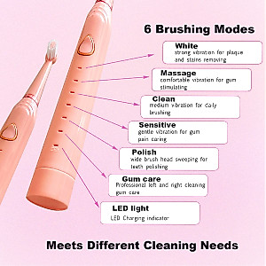 JANECC Electric Toothbrush for Adults, Rechargeable Sonic Toothbrushes, 6 Modes, 45,000VPM Motor and 2 Mins Smart Timer, 1 Face Washing Head, Facial Massage 5 Brush Heads(Pink), 9.8X3.9X1.18 Inch