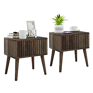 MUUEGM Nightstands Set of 2, Mid Century Modern Side Table with Drawers, Small End Table for Living Room, Bedroom, Office and Small Spaces, Dark Brown Night Stand with Solid Wood Legs
