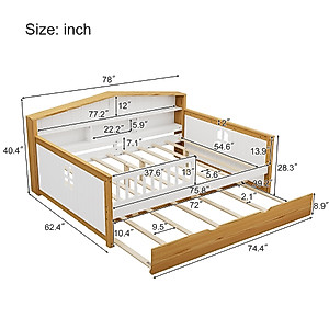 MERITLINE Full Size Daybed with Trundle and Bookcase Headboard, Wood Daybed Sofa Bed with Charming House-Shaped Design,Kids Bed Frames with Windows and Safety Rails,Walnut and White