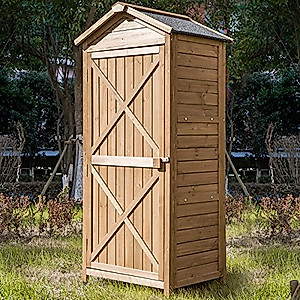 Outdoor Storage Cabinet, Wood Garden Shed with Detachable Shelves, Outside Tool Shed, Vertical Organizer Cabinet with Lockable Doors for Outside, Storage Sheds for Garden and Yard (Brown)