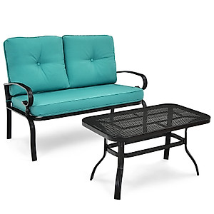 Giantex Patio Loveseat with Coffee Table Outdoor Bench with Cushion and Metal Frame, Loveseat Porch Furniture Set Sofa for Garden, Yard, Patio or Poolside