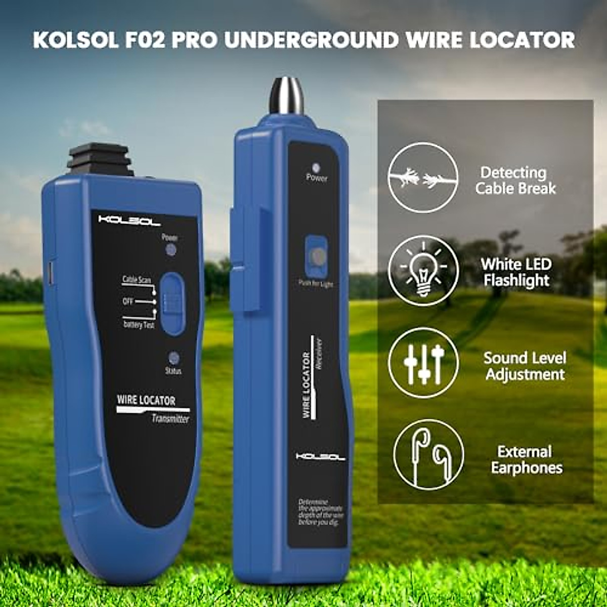 KOLSOL Underground Wire Locator, Cable Tester F02 Pro for Locate Wires, Locate Control Wires Cables Pet Fence Wires, up to 3-4 Feet Deep 2000 Feet Length, Equiped with Rechargeable 1100mAh Battery