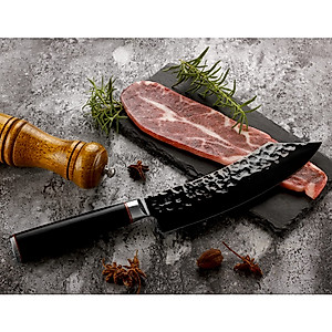 YOUSUNLONG Butcher Knife - 8 Inch Meat cleaver - Japanese AUS8 Black Titanium Nitride Coated Steel - Super Sharp - Natural Ebony Handle