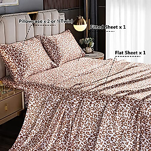 UDEAL California King Sheet Sets, 4 Pieces Silky Soft Satin Bed Sheets, Luxury California King Sheets Deep Pocket, Breathable & Fade Resistant, Beige Leopard