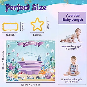 6 Pcs Mermaid Baby Monthly Milestone Blanket Daily Weekly Monthly Fleece with 2 Frames for Newborn Baby Shower, 47 x 39 Inches and Mermaid Outfit Baby Photo Props Headband Bra Tail, Aquamarine