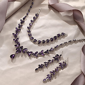 EVER FAITH Marquise Crystal Party Jewelry Set for Bride, Gorgeous Leaf Rhinestone Necklace Dangle Earrings Tennis Bracelet Set Purple Silver-Tone
