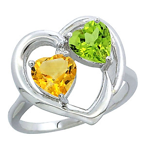 14K White Gold Diamond Two-stone Heart Ring 6mm Natural Citrine & Peridot, size 10