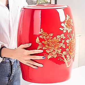 Ceramic Food Storage Jar Rice Storage Container Grain Storage Bin Ceramic Rice Bucket Rice Storage Box Sealed Rice Bin Cereal Rice Container for Kitchen(Red,15KG)