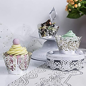 YOZATIA 60 Silver Vine Lace Cupcake Wrapper, Laser Cut Cupcake Liners for Weddings Birthdays Tea Parties and any Special Event- Silver