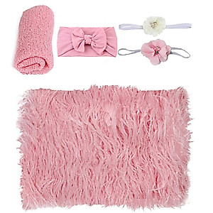 Camidy Newborn Photography Props,5pcs/Set Fluffy Blanket Mat + Ripple Wrap + Headbands Swaddle Wrap Photography Mat Outfits for Infant Boys or Girls Photoshoot Session