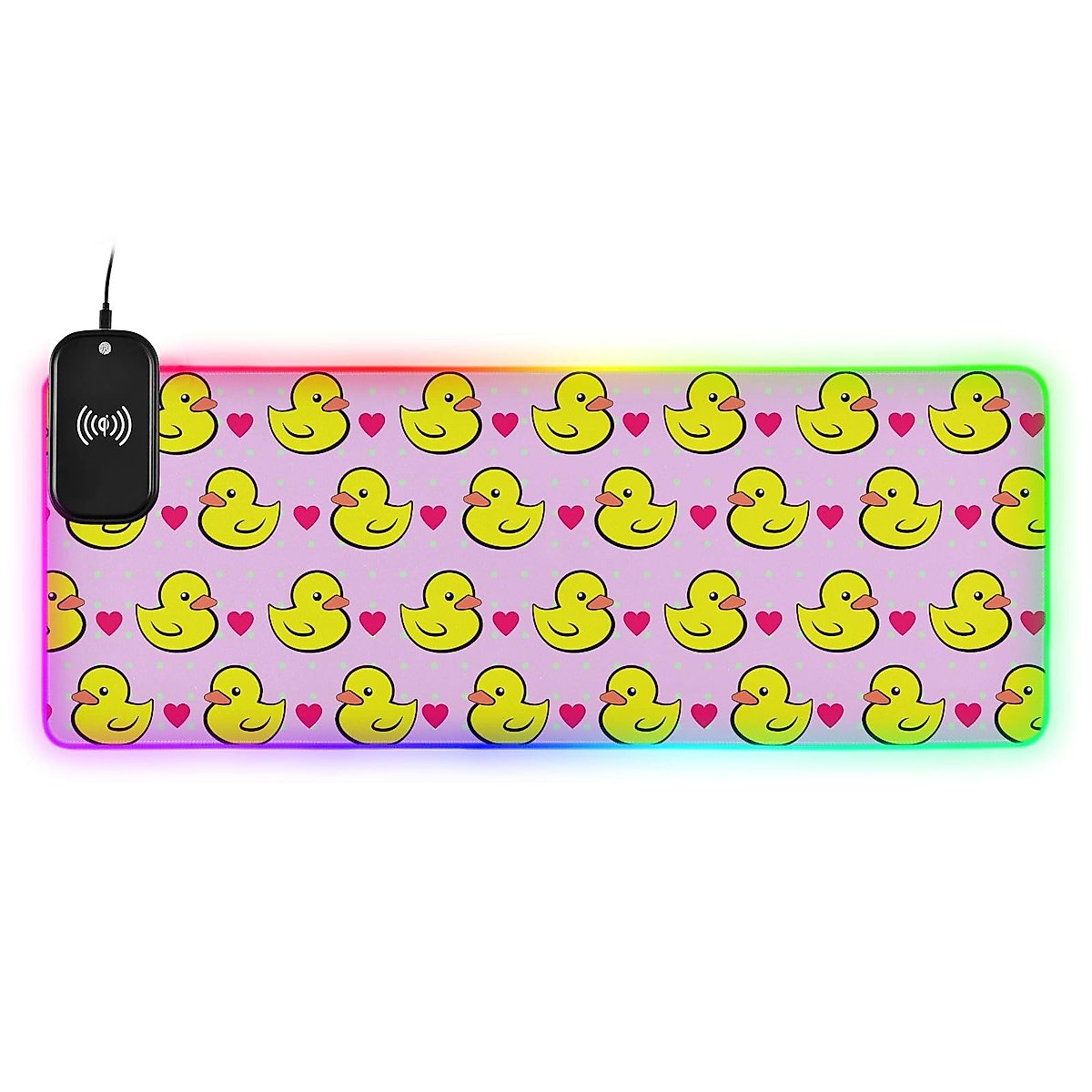 VKPSCHJ Desk Pad with Wireless Charging Ducks and Pink Heart Large RGB Gaming Mouse Pads 10 Light Modes Polka Dots 15W Computer Keyboard Mat Antislip Protector Mats for Office Home Table Gaming Decor