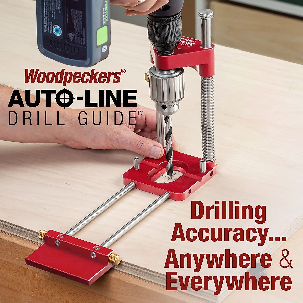 Woodpeckers Auto Line Drill Guide, Portable Drill Guide, Drill Up To 2 Inch Holes, Versatile Base and Fence System