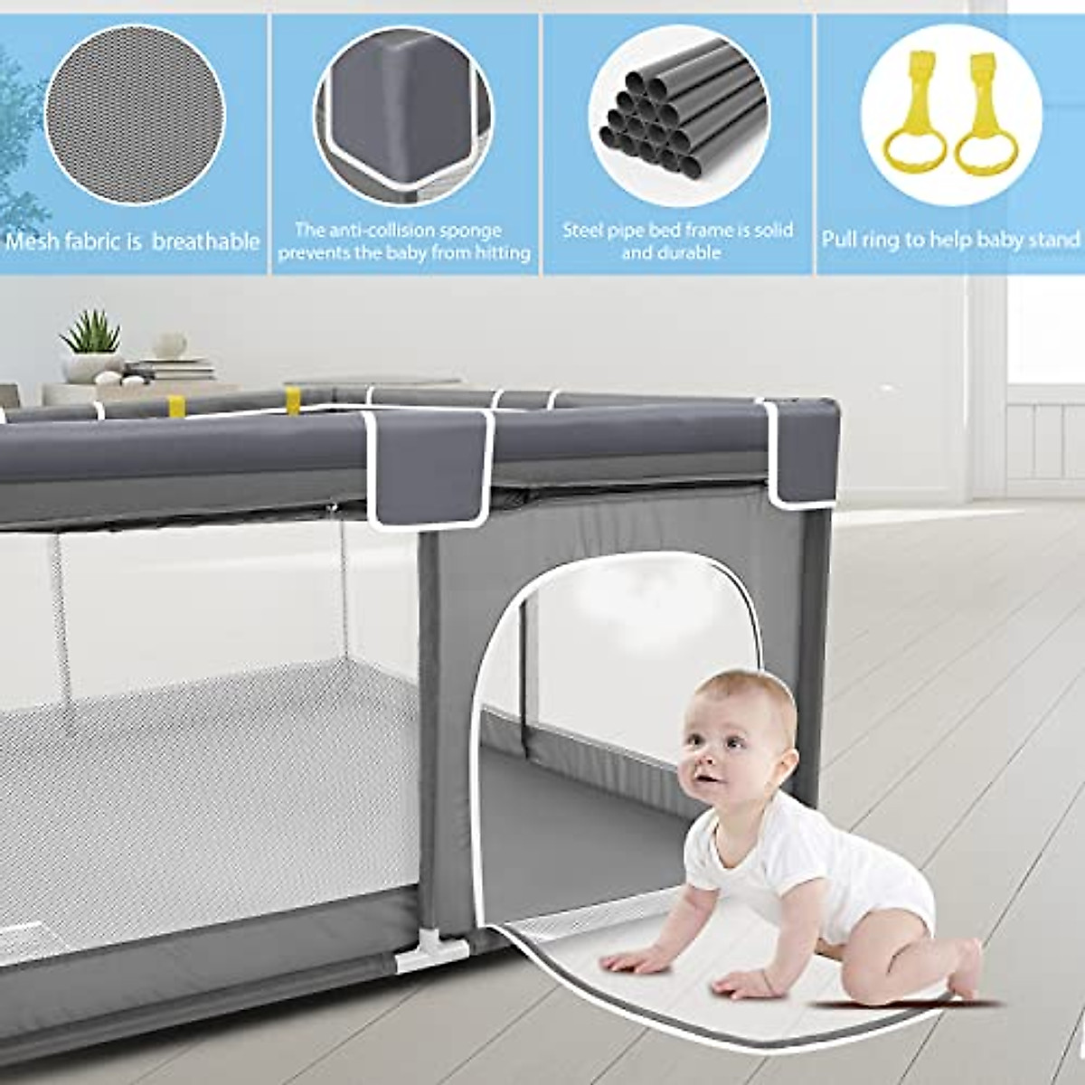 Grobeybees Baby Playpen for Toddler and Babies, Baby Playard, Indoor & Outdoor Kids Activity Center with Anti-Slip Base, Play Yard with Soft Breathable Mesh, Baby Fence Play Area(Grey)