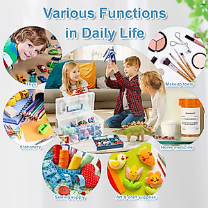 Leinuosen 2 Pcs 2 Layer Clear Plastic Dividing Storage Box with Removable Tray Multipurpose Stationery Storage Box with Handle Portable Sewing Box Transparent Case for Home, 11.42x6.3x5.71 In(Blue)