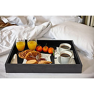 Wood Serving Tray with Handles, Home Decorative Wooden Rectangle Ottoman Decor Platter Vanity Tray for Breakfast Dinner Drinks Kitchen Dining Living Bathroom Restaurants Black