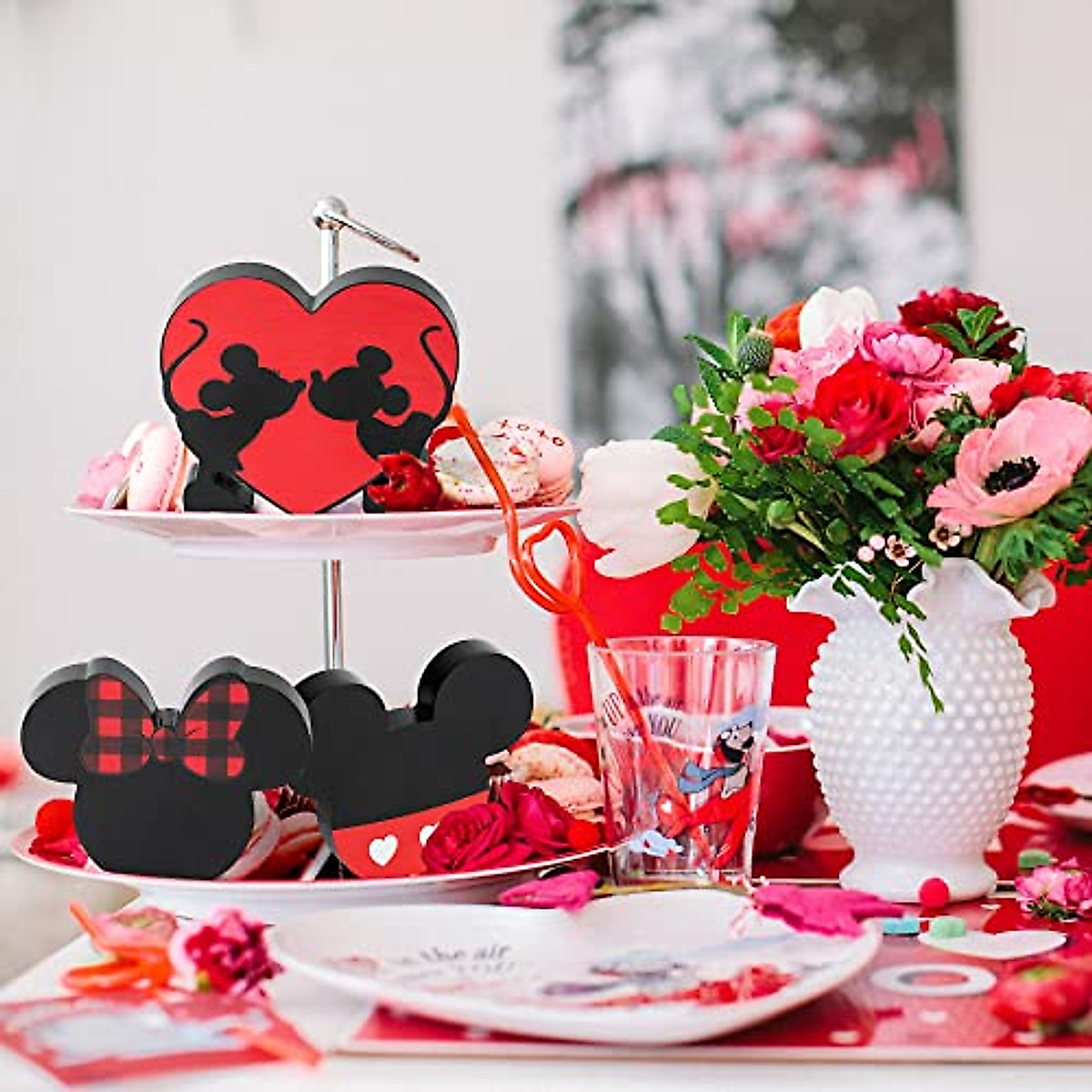 Unbess 3Pcs Red Cartoon Mouse Tiered Tray Sign Table Decor Red Black White Mouse Love Heart Shaped Freestanding Farmhouse Rustic Double-sided Wooden Centerpieces for Wedding Anniversary Party Home