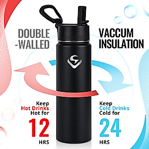 ArtSo Water Bottle with Straw, Wide Rotating Handle Straw Lid Thermo Mug Flask, Wide Mouth Vacuum Insulated Stainless Steel Leak Proof Water Bottle, Double Walled Metal Canteen, Durable 24 oz