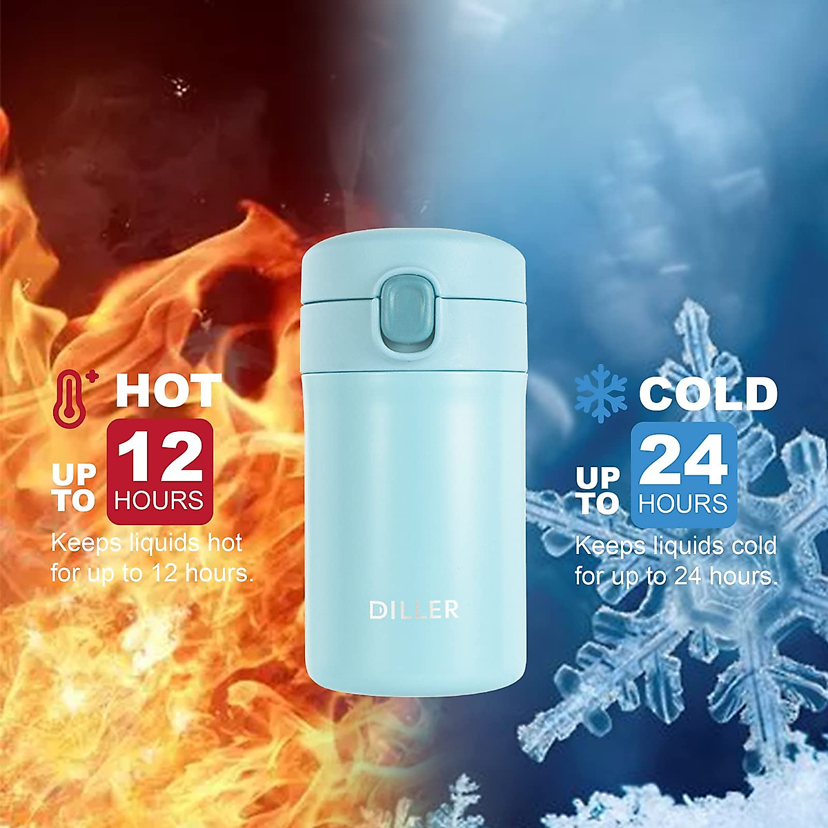 Diller Travel Coffee Mug, Mini Insulated Water Bottle 14 oz or 10 oz with Spout Lid, Leak Proof Coffee Tumbler for Kids and Women Keep 12H Piping Hot and 24H Cold (10 oz, Blue)