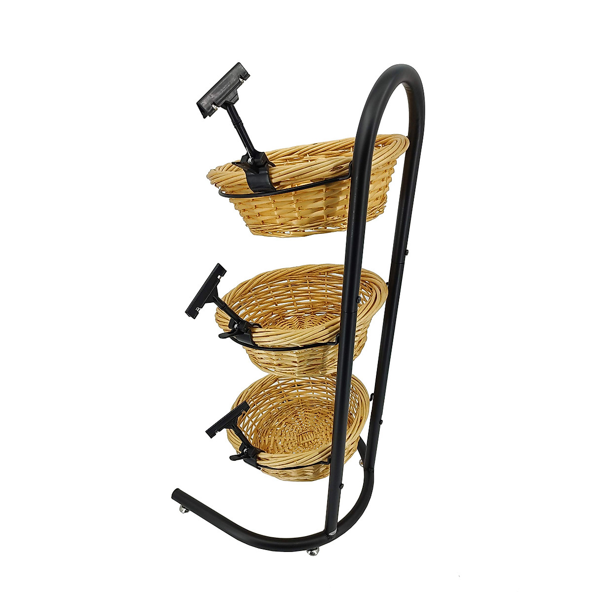 FixtureDisplays 3 Tier Wicker Basket Metal Stand with Sign Clips, Market Basket Storage Organizer 19425