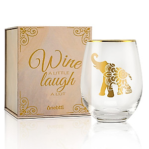 Onebttl Unique Elephant Gifts - Ethnic Mandala Elephant Stemless Wine Glass, Best for Elephant Lovers, Perfect with Red Wine Gin Cocktail Fizzy Drinks - Gold - for Birthday, Celebrations, Housewarming