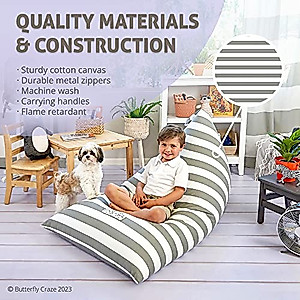 Butterfly Craze Bean Bag Chair Cover, Functional Toddler Toy Organizer, Fill with Stuffed Animals to Create a Jumbo, Comfy Floor Lounger for Boys or Girls, Stuffing Not Included, Grey Stripe
