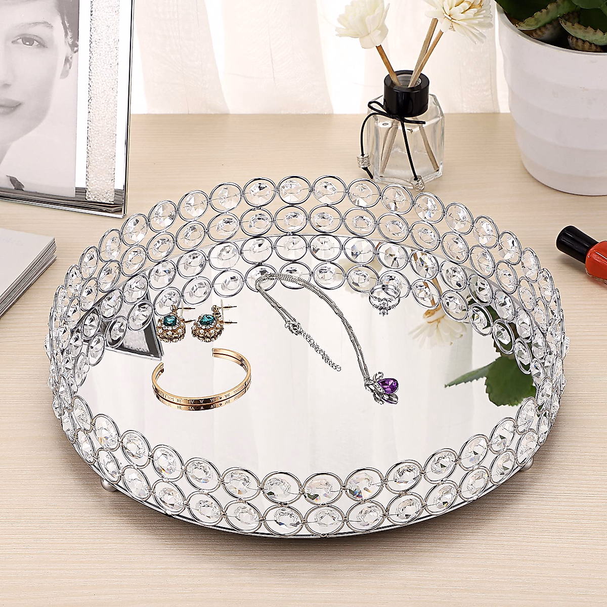 Hipiwe Crystal Vanity Tray -11.8” inch Large Mirror Jewelry Trinket Display Tray Make up Cosmetic Organizer Tray Perfume Tray Dresser Tray Bathroom Tray for Home Decor