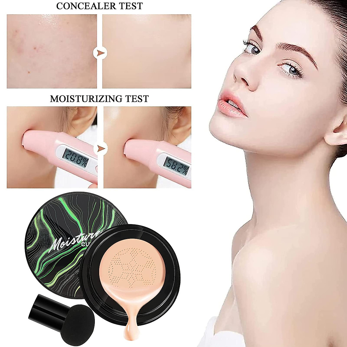 ELAIMEI Mushroom Head Air Cushion CC Cream, BB Cream, Moisturizing Concealer, Moisturizing BB Cream Makeup Base Long Lasting with Mushroom Makeup Sponge, Easy to Apply, Round (Natural)