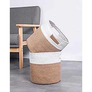 ZFRXZ Cotton Rope Storage Baskets with Handles Set of 2, Laundry Basket Hamper for Baby Toys Blankets, Decorative Woven Plants Basket, Cube Bins Containers Organizers 11"x11" (White-Jute)