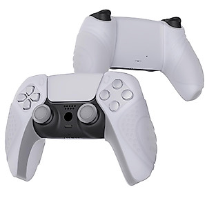 PlayVital Guardian Edition Ergonomic Soft Controller Silicone Case Grips for ps5 Compatible with Charging Station Rubber Protector Skins with Thumbstick Caps for ps5 Controller - Clear White