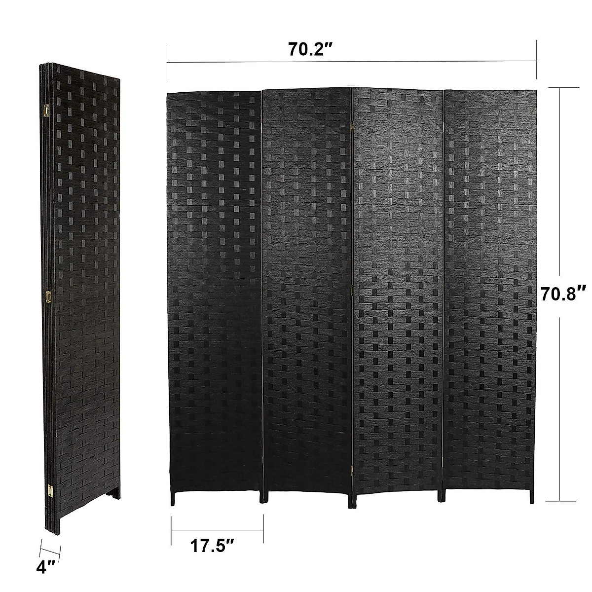 Folding Room Screen Divider Hand-Woven Design Room Divider 6ft High Fiber Free-Standing Privacy Screen Suitable for Living Room and Study (Black, 4 Panels)