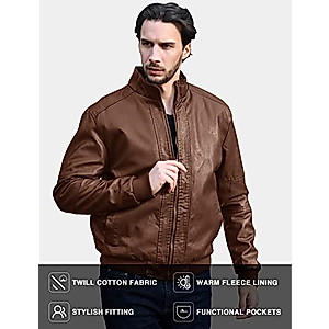 WenVen Men's Stand Collar Fleece Lined Bomber Faux Leather Jacket (Field, M)