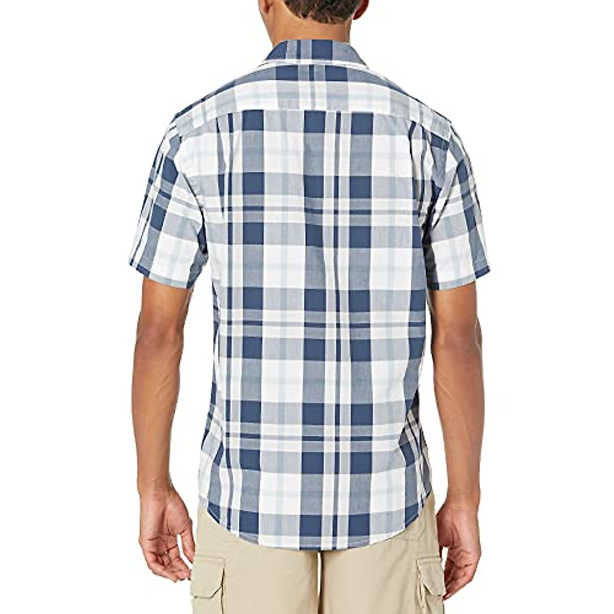 Amazon Essentials Men's Slim-Fit Short-Sleeve Poplin Shirt, White/Navy, Large Plaid, X-Large