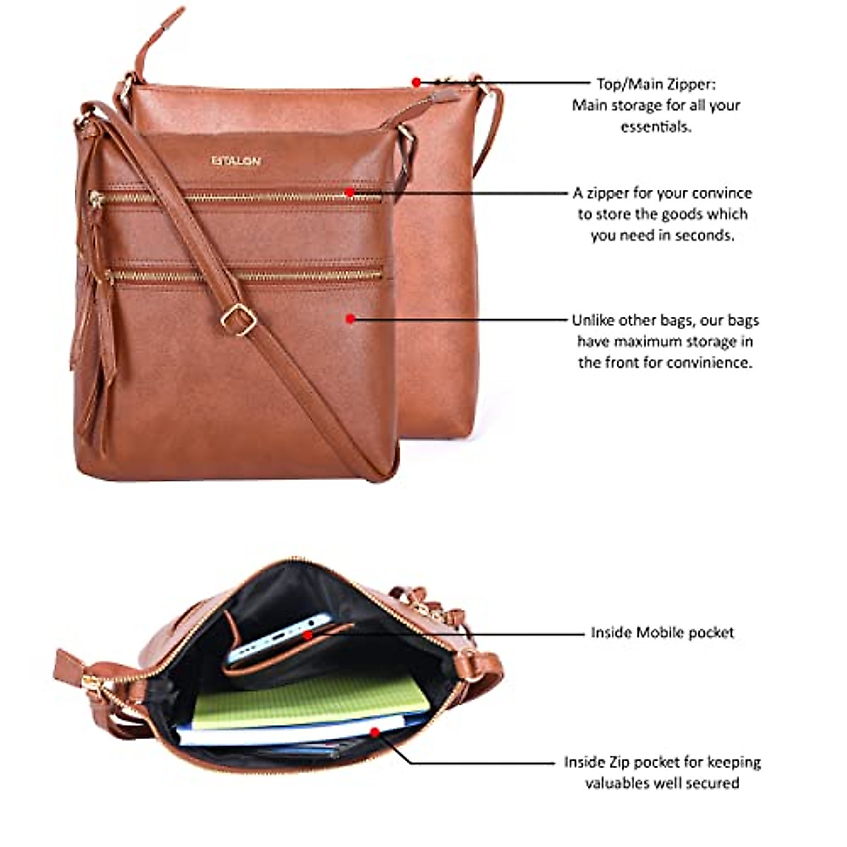Leather Crossbody Bags for Women - Medium Crossover Purse Women's Handbag cross body Adjustable Shoulder Strap (Tan)