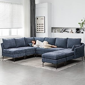 MELLCOM 113" Cloud Couch Sectional 6-Seat U Shaped Modular Sofa w/Chaise & Ottoman, Comfy Memory Foam Modular Couch in Washable Chenille Fabric, Modern Living Room Sectional Sofa, Blue