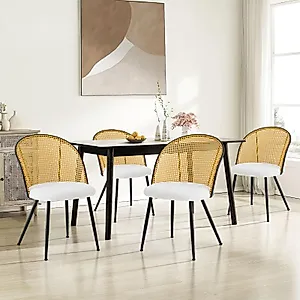 Bekrvio Rattan Dining Chairs Set of 2, Mid-Century Modern Kitchen Dining Room Chairs with Full Cane Backrest Armless Upholstered Farmhouse Boucle Dining Chairs with Metal Leqs for Dining Room, White