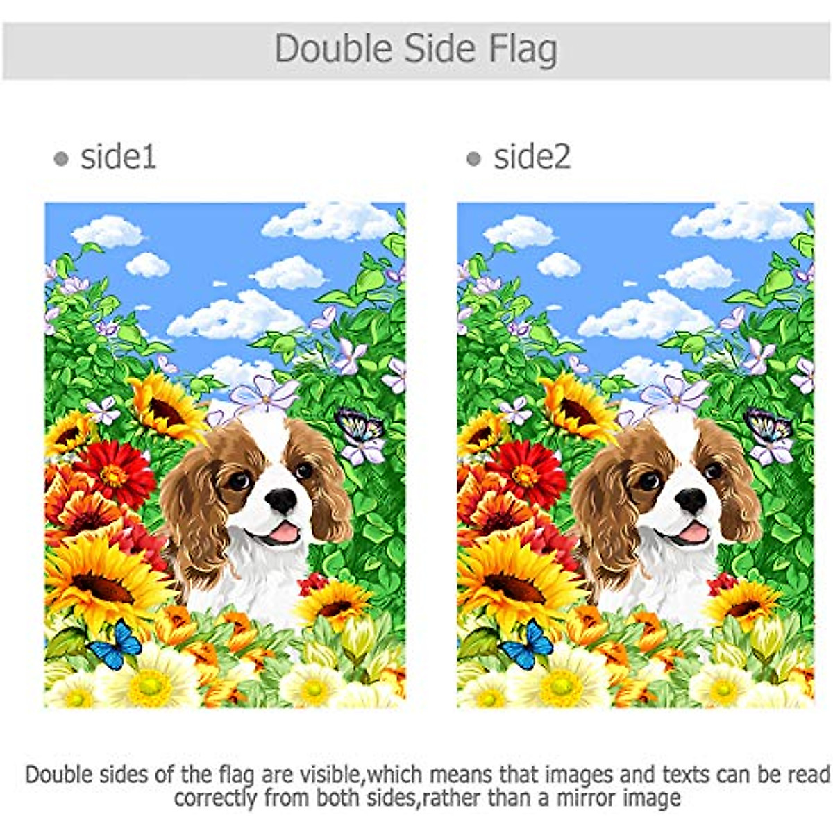 Cavalier King Charles Spaniel Garden Flag Cute Dog with Beautiful Sunflower Yard Flag Spring Summer Floral Print Decorative Small Garden Flags Double Sided 12 x 18 Inch Outdoor Banner