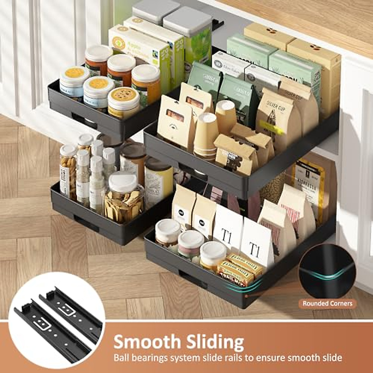 4 Pack Pull Out Cabinet Organizer, Slide Out Drawers for Kitchen Cabinets, Under Sink, Pantry, Bathroom, Cabinet Pull Out Drawers Shelves with Adhesive Nano Film Fixed and Slide Out Rails