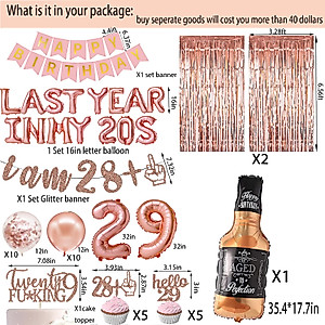 29th Birthday Decorations for Women include Last Year In My 20s Balloon Banner I AM 28+1 Glitter Banner 29 Birthday Cake Topper Cupcake Toppers Number 29 Foil Balloons Whiskey Balloon
