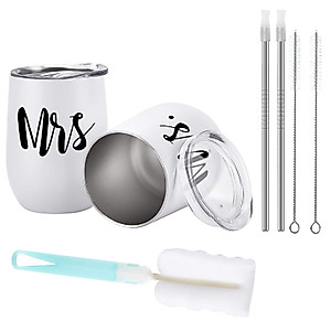 GINGPROUS 2 Pack Mrs and Mrs Wine Tumbler Set, Lesbian Couple Idea for Girlfriend, Engagement Wedding Anniversary LGBT Idea 12 Oz Insulated Stainless Steel Wine Tumbler with Lid, White