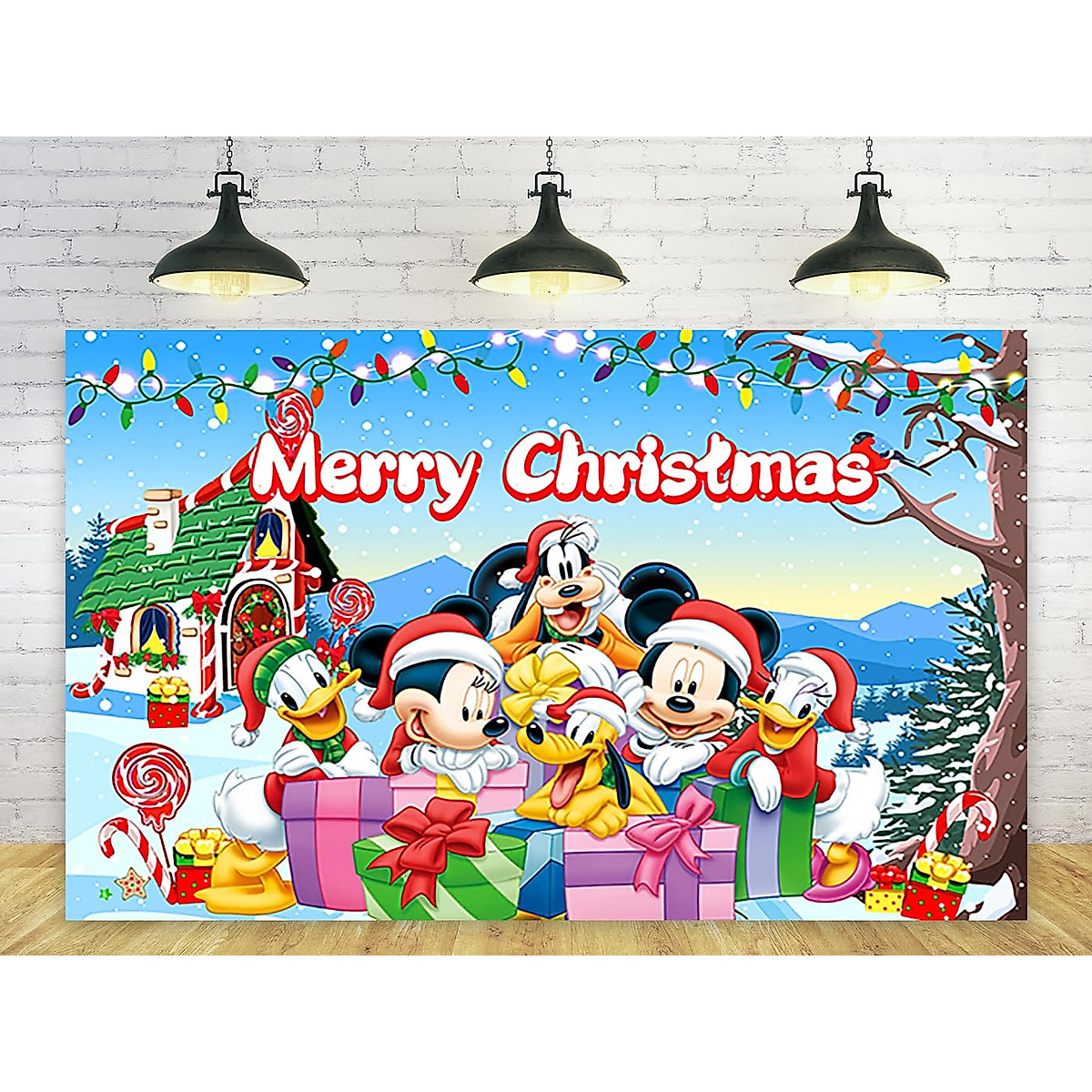 Merry Christmas Backdrop for Mickey Mouse Christmas Party Decorations Christmas House Background for Party Cake Table Decorations Xmas Theme Banner 5x3ft