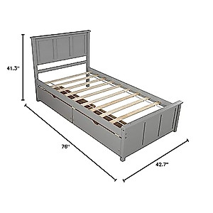 Modern Wood Low Bed Frame with Headboard and Drawers, Platform Bed No Box Spring Needed/Easy Assembly, Twin Gray