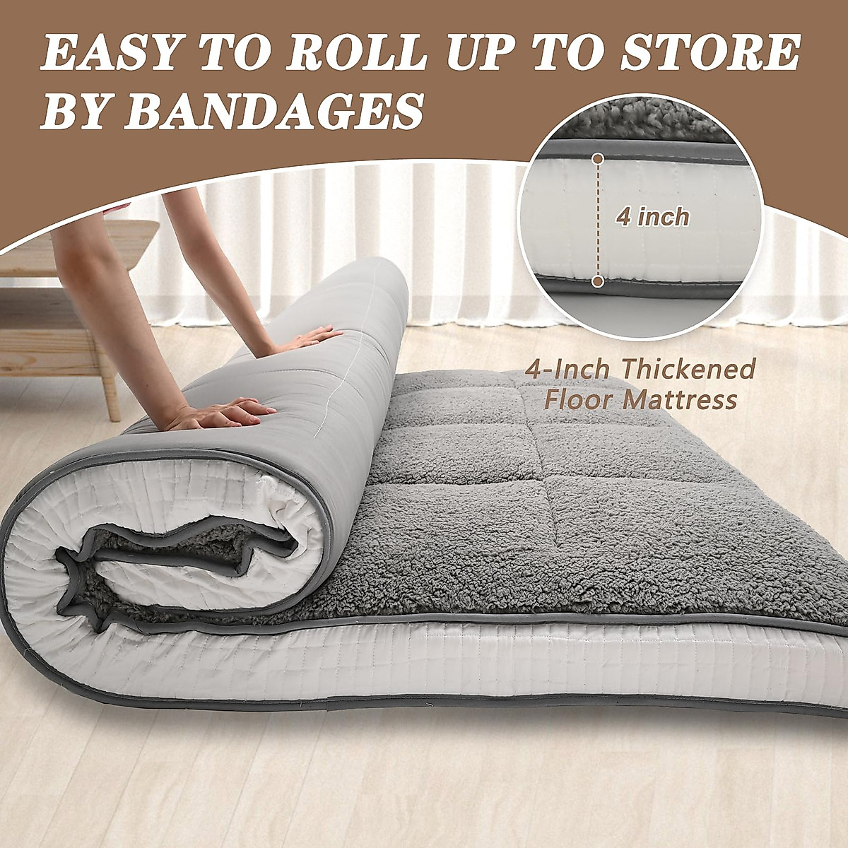 Japanese Floor Mattress, Extra Thick Fluffy Floor Futon Mattress Twin Size, Long Plush Floor Mattress for Adults, Super Soft Fuzzy Bed Mattress Portable Japanese Futon Guest Mattress RV Mattress