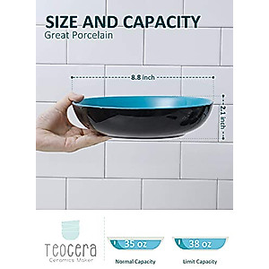 Teocera Pasta Bowls, Large Salad Bowls, Porcelain Bowl Set, Wide and Shallow, Microwave and Dishwasher Safe, 35 Ounce - Set of 4, Black Multi Color