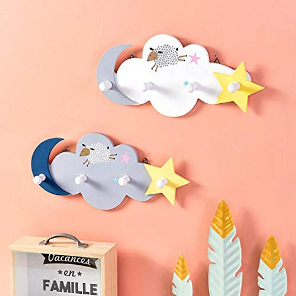 Garneck Towel Hooks Wall Rack Kids Hat Rack Wooden Wall Hooks Cloud Star Moon Sheep Wall Rack Organizer Decorative Hanger for Kids Bedroom (Light Grey) Cute Wall Hooks Cute Wall Hooks Towel Hook