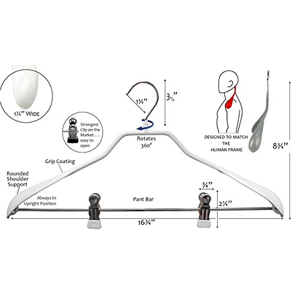 Mawa by Reston Lloyd BodyForm Series Non-Slip Space Saving Clothes Hanger with 2 Clips for Pants or Skirts, Style 42/LK, Set of 5, White