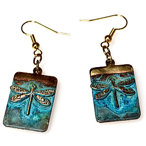 Elaine Coyne Wearable Art Verdigris Patina Solid Brass Dragonfly on Rectangle Dangle Earrings