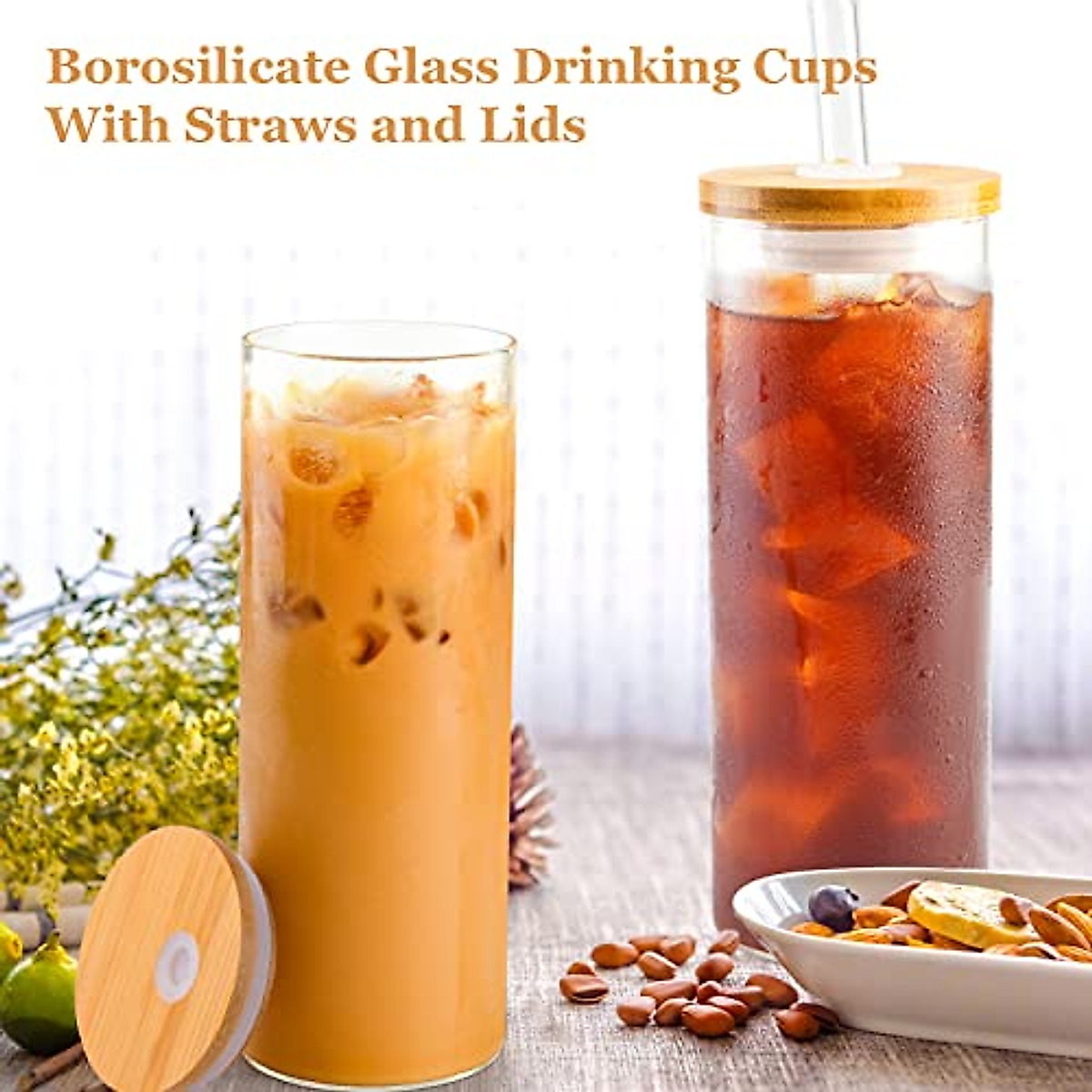 Glass Cups with Lids and Straws, 20 OZ Drinking Glasses with Bamboo Lids, Can Shaped Glass Cups, Reusable Clear Iced Coffee Cups for Smoothie, Juice, Milk, Whiskey, Soda, Tea, Water- 2 Pack