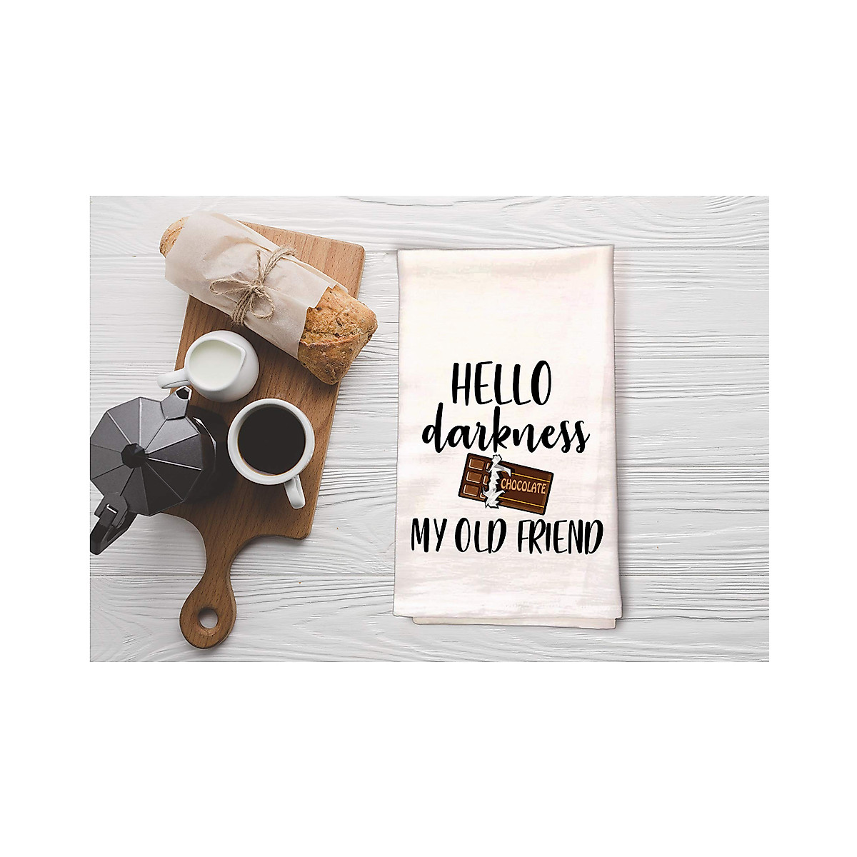 Hello Darkness My Old Friend - Dish Towel Kitchen Tea Towel Funny Saying Humorous Flour Sack Towels Great Housewarming Gift 28 inch by 28 inch, 100% Cotton, Multi-Purpose Towel