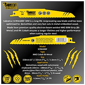 10 x SabreCut SCRS610DF_10 5 15/16" (150mm) 6 TPI S610DF Fast Wood and Metal Cutting Reciprocating Sabre Saw Blades Compatible with Bosch Dewalt Makita and many others